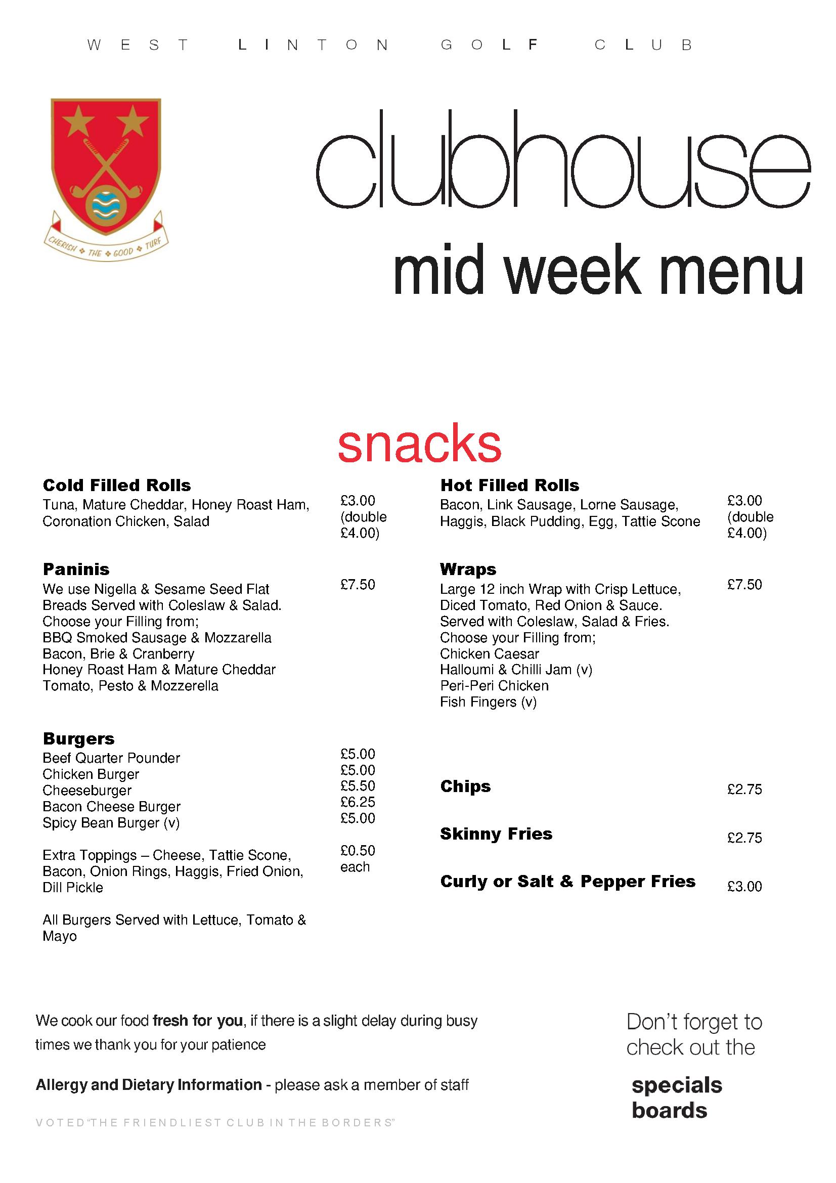 Menus - West Linton Golf Club